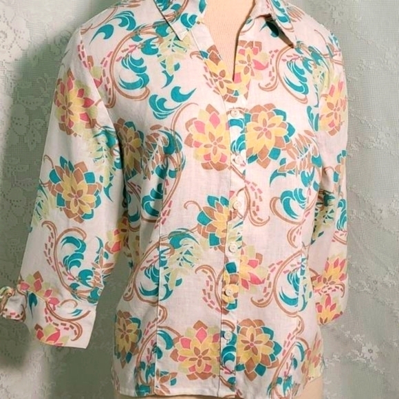 JM Collection | Tops | Jm Collection Linen Blouse Petite Floral Design ...